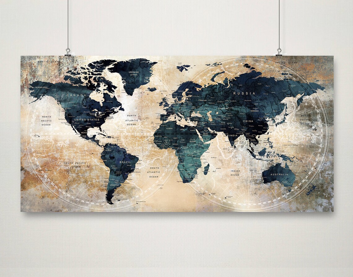 Extra Large Wall Art World Map Watercolor Poster Print Beige and Navy ...