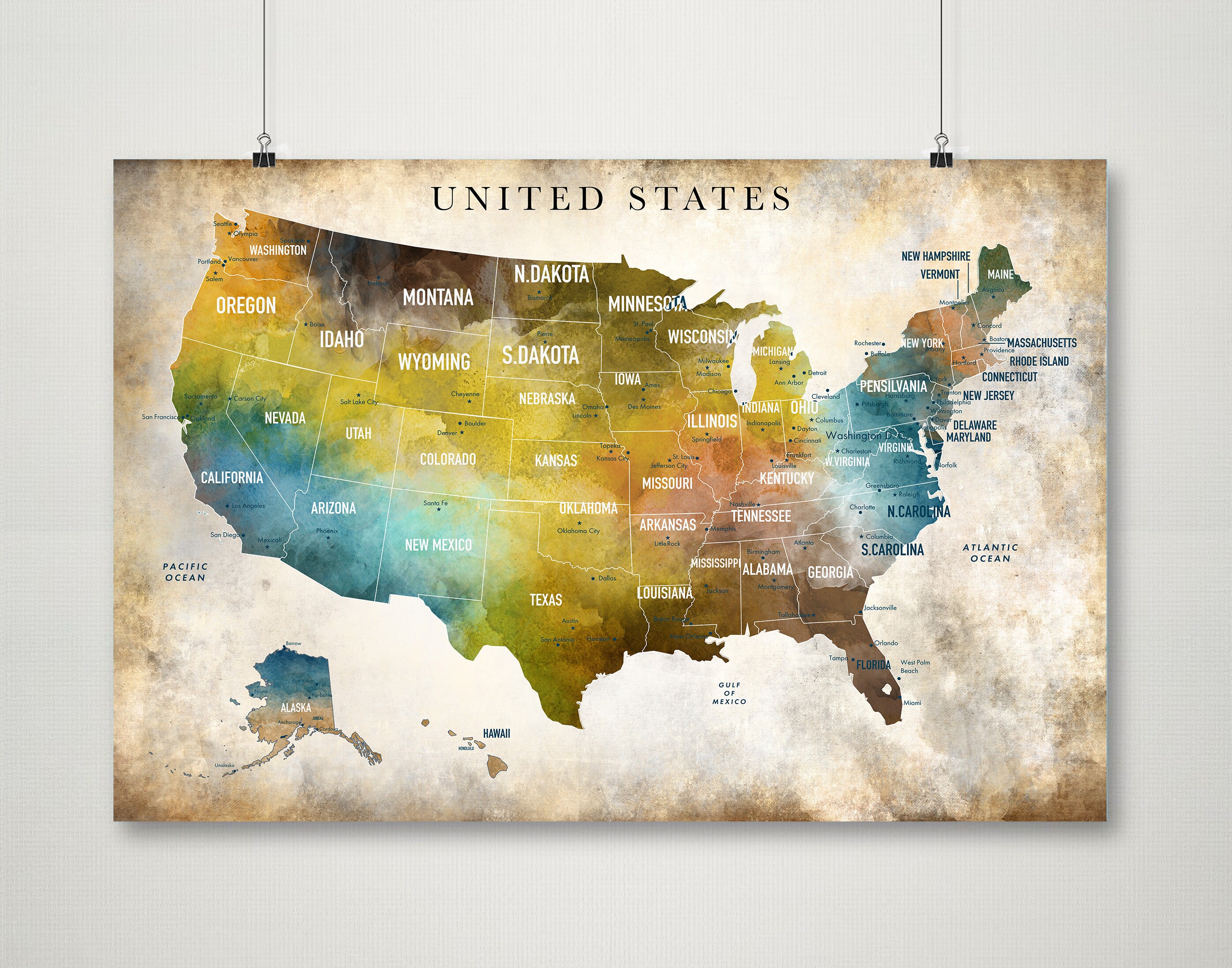 USA Map Wall Art Print on Poster Colorful American Map Print Modern ...