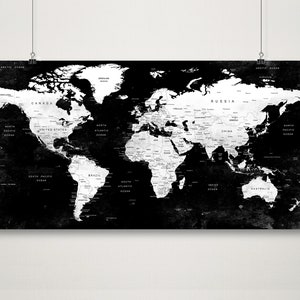 Large Black and White World Map Poster - Decorative Push Pin World Map ...