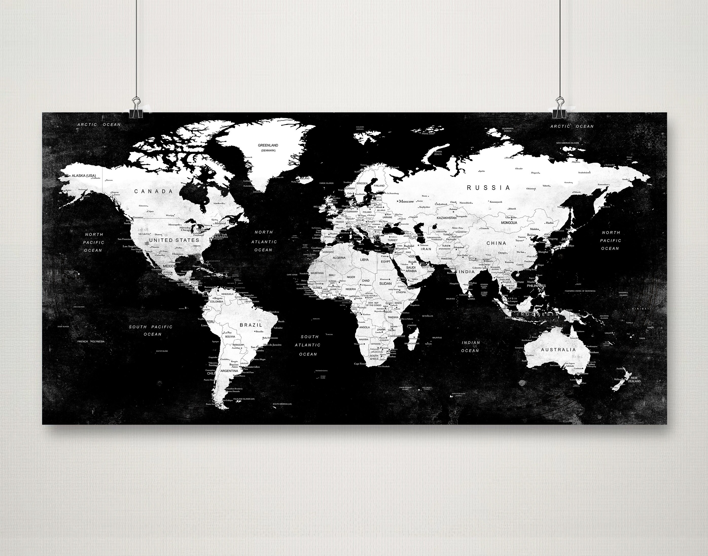 Large Black and White World Map Poster Decorative Push Pin - Etsy