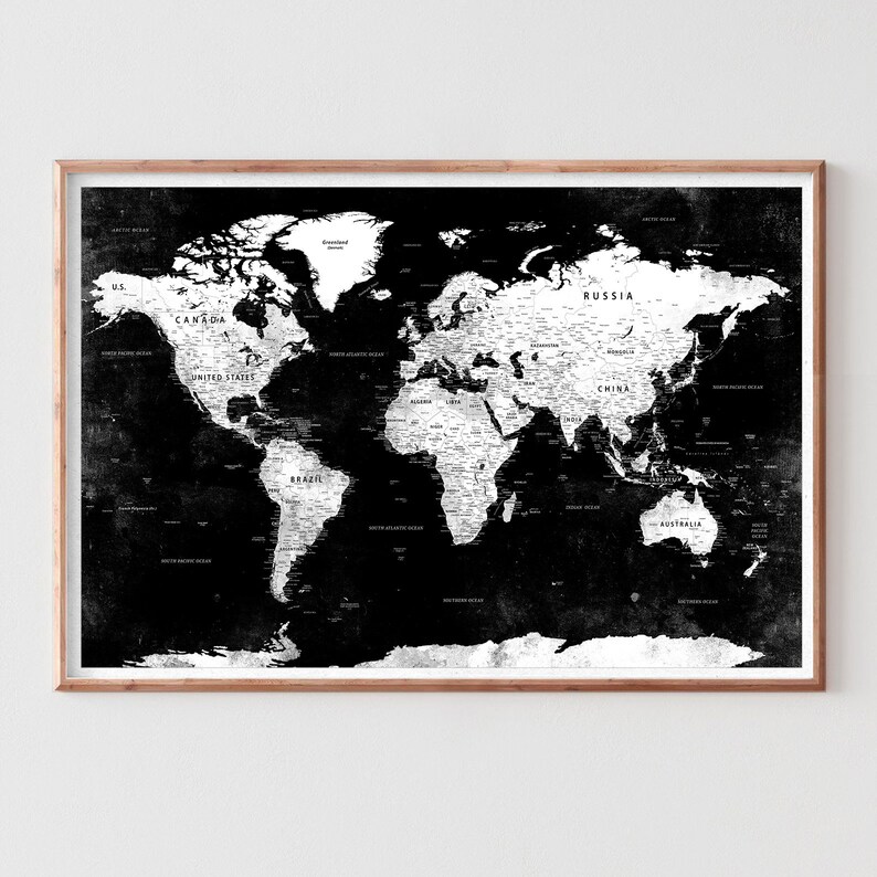 Push Pin Travel Map Poster, Black and White World Map Wall Art, Home ...