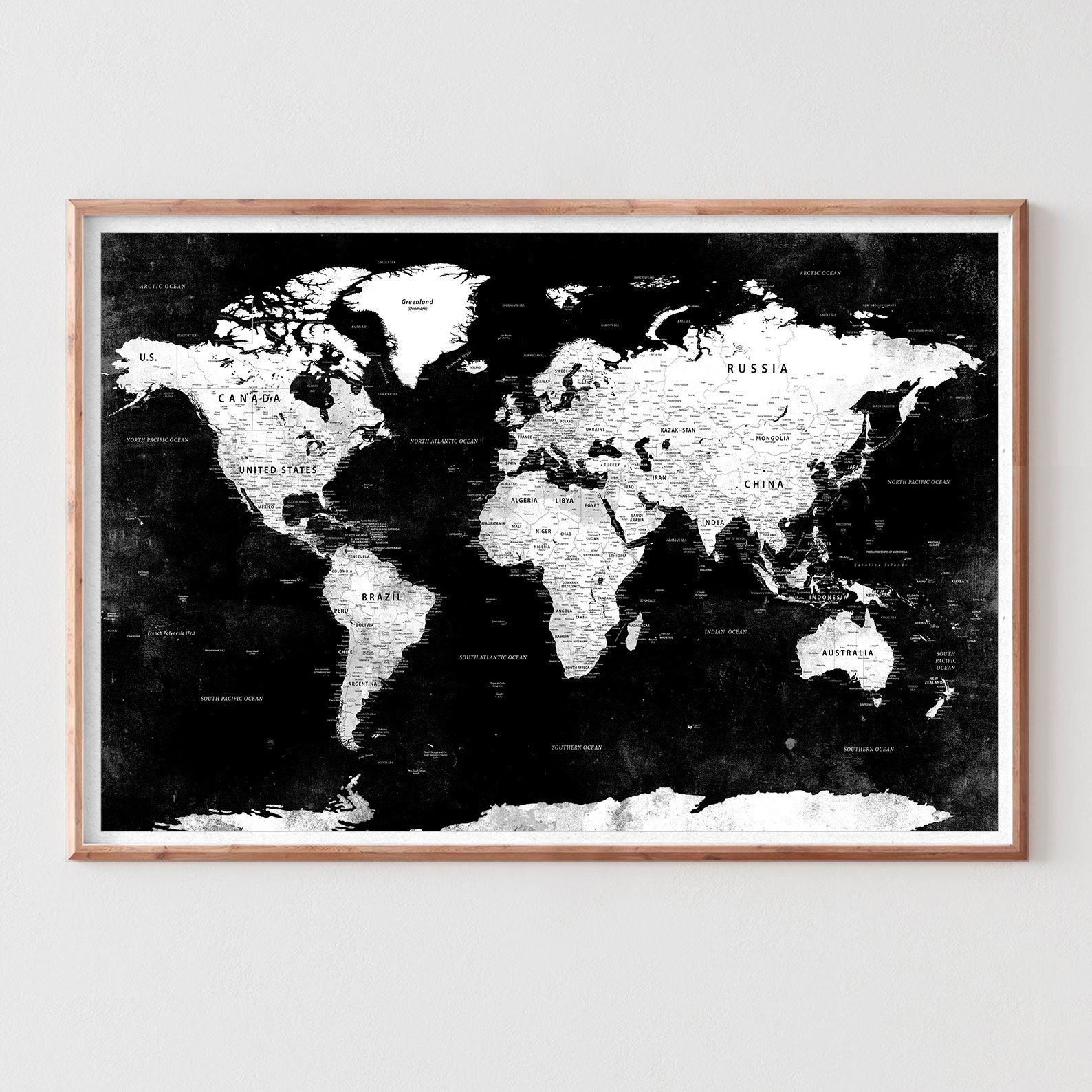 Push Pin Travel Map Poster, Black and White World Map Wall Art, Home ...