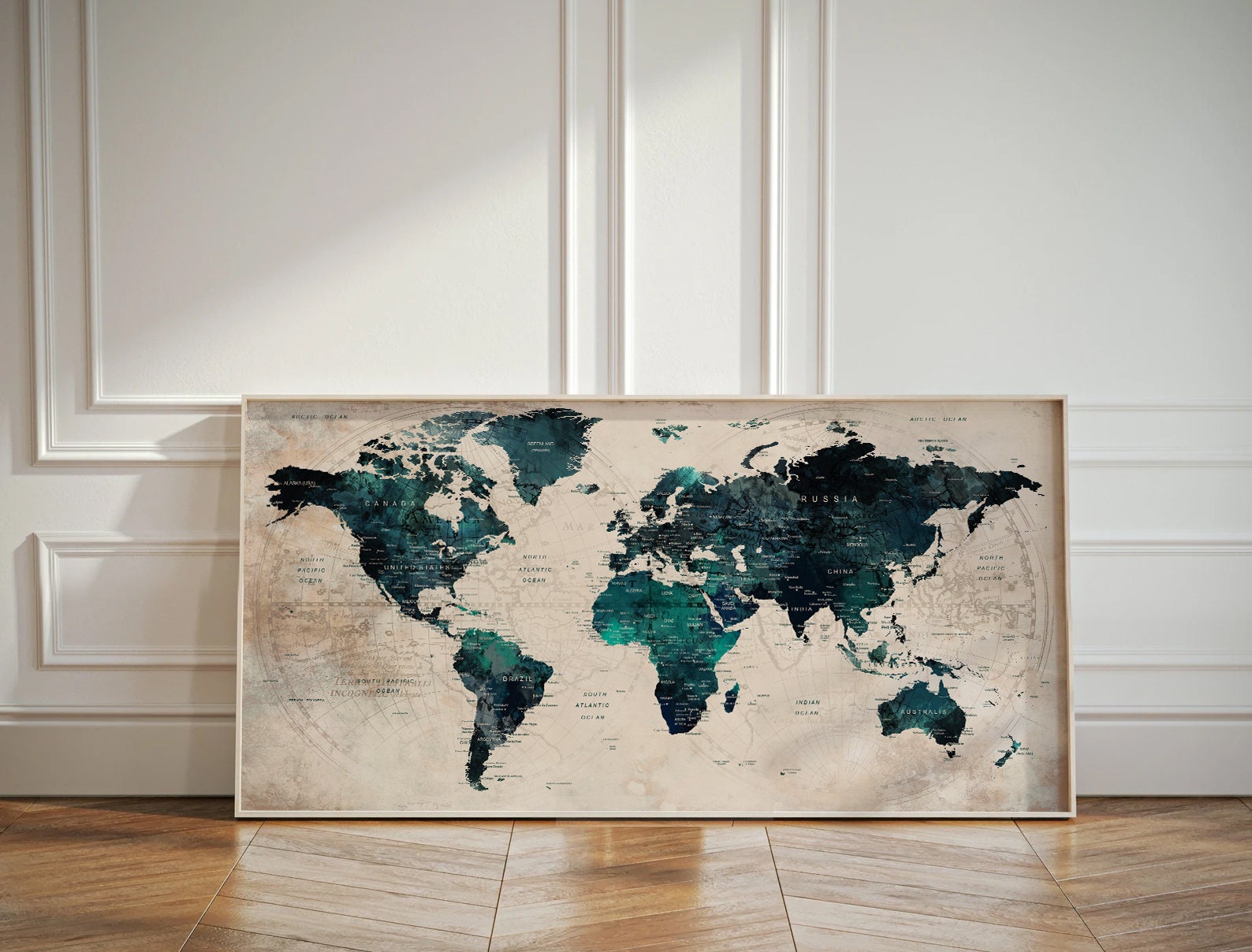 Modern World Map Poster: Large Teal Wall Art Print - Etsy