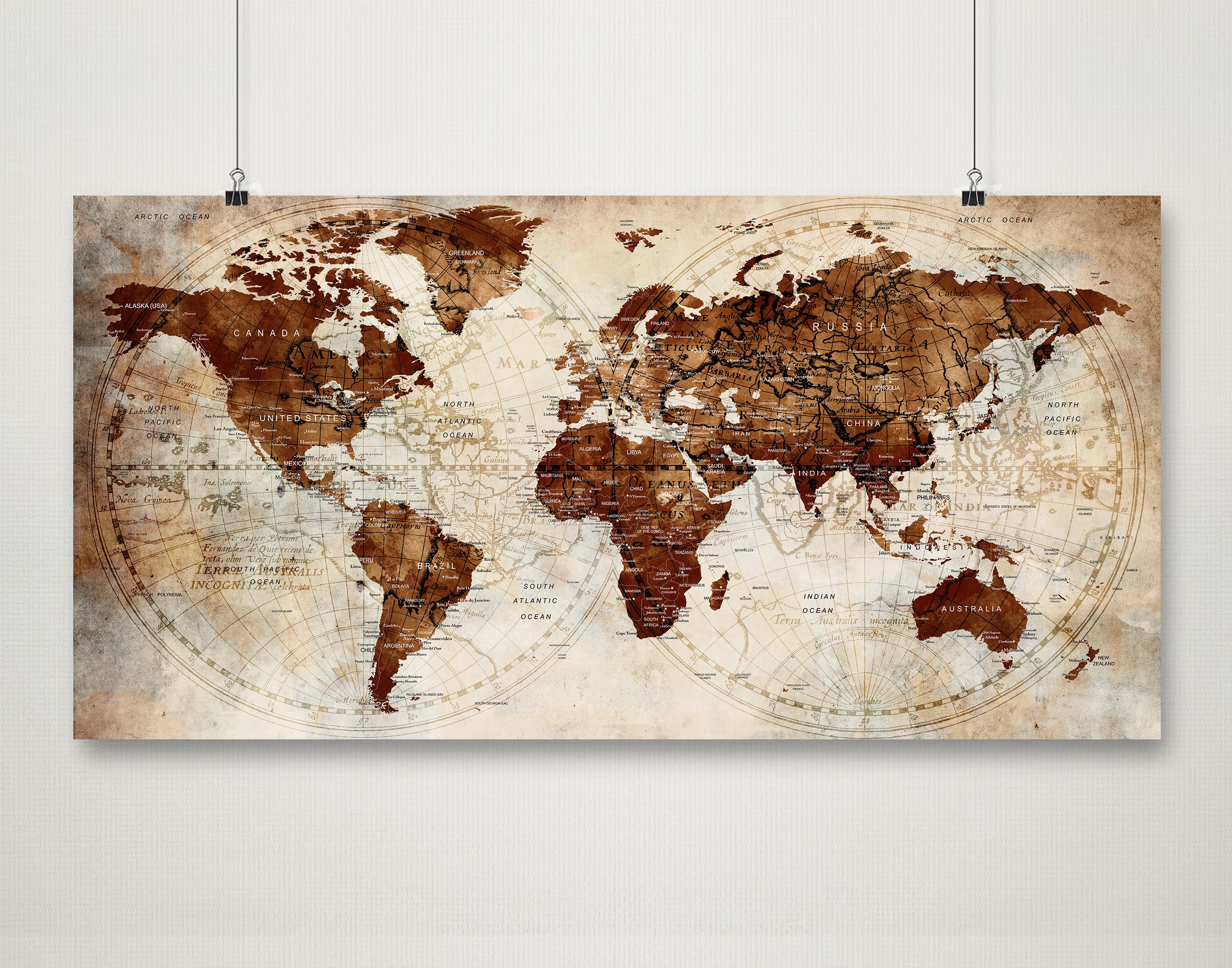 Large World Map Poster Print Black and Sepia World Map Customized World ...