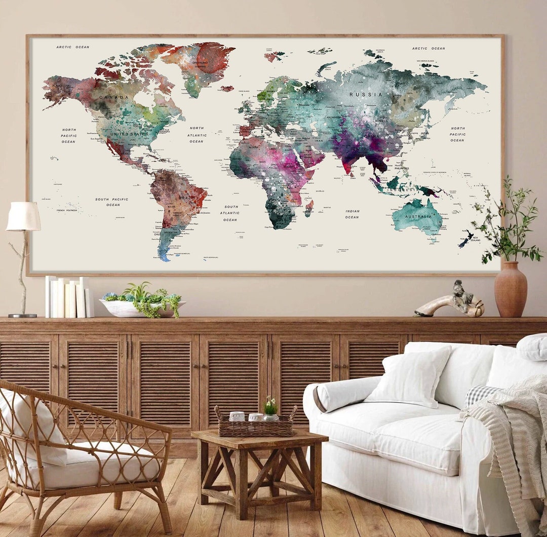 World Map Wall Art, Push Pin Adventure Map Poster, Large World Map ...