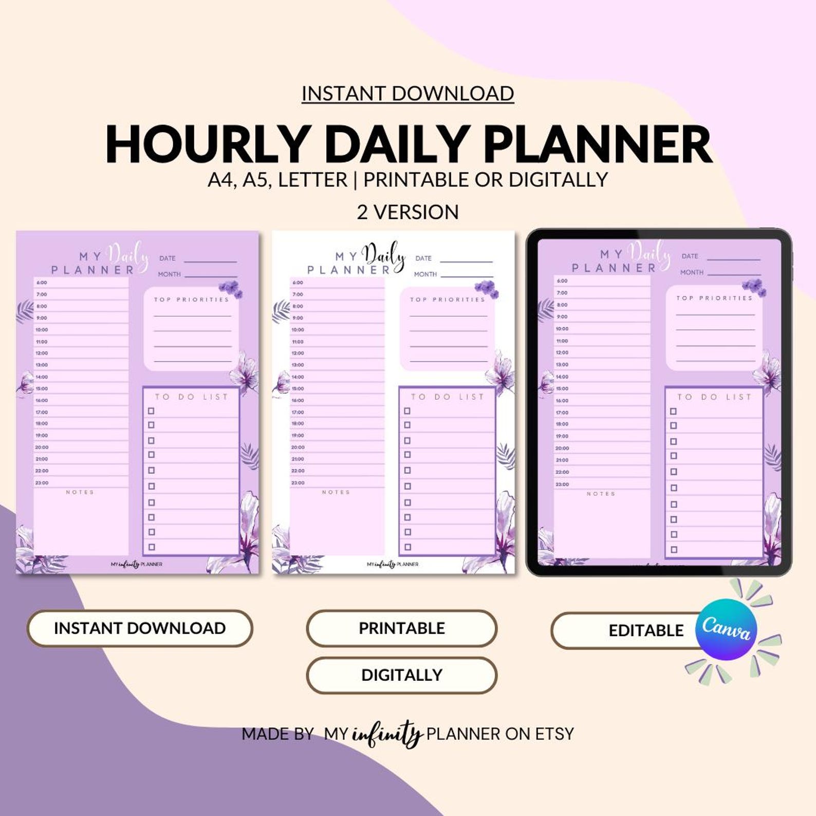 Hourly Daily Printable Violet Planner, Undated Daily to Do List, Hourly ...