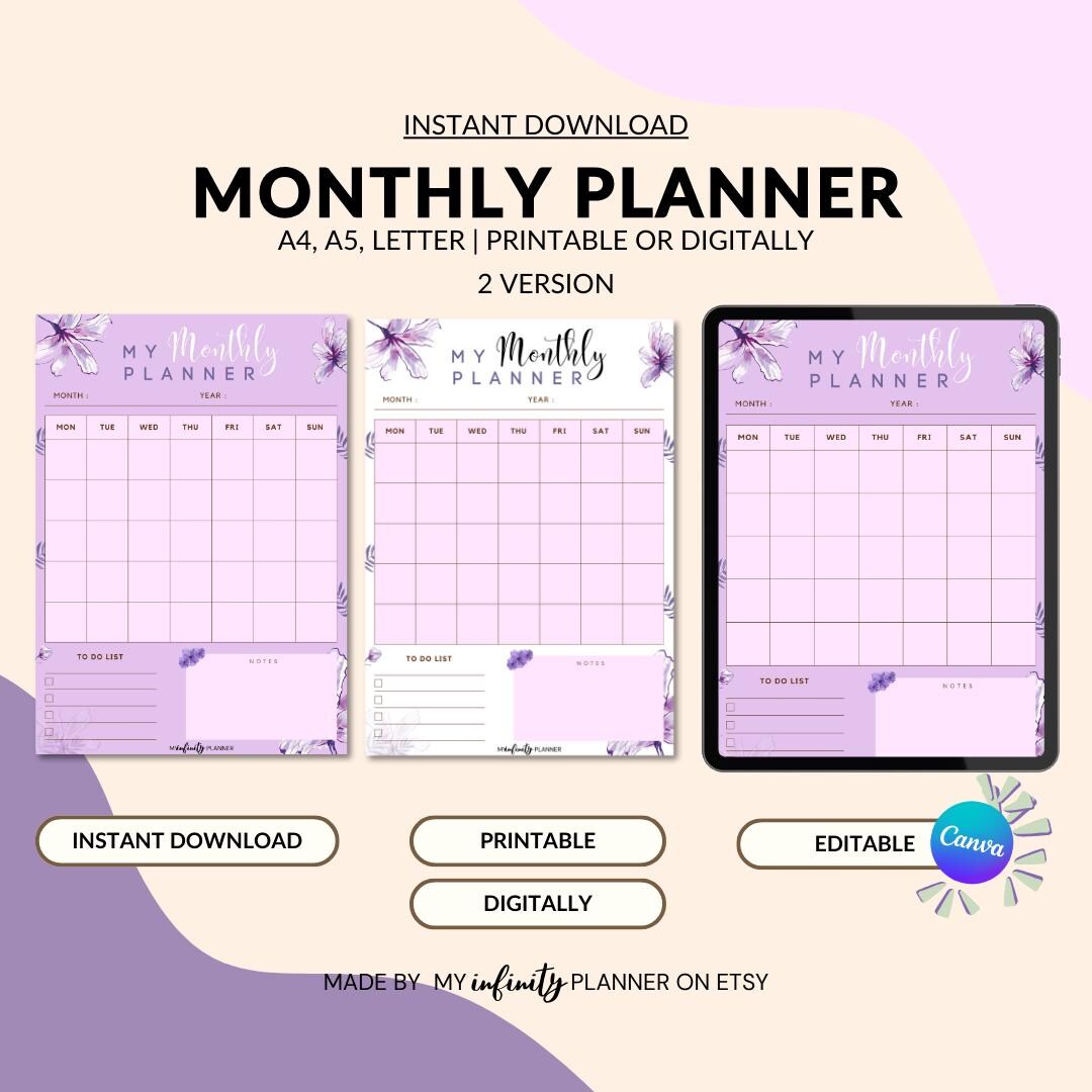 Planificador mensual imprimible violeta, planificador digital mensual ...