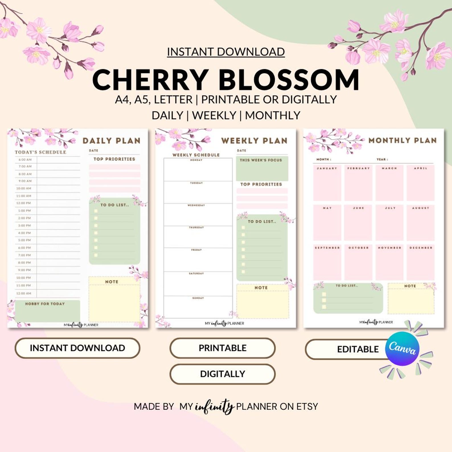 Digital Spring Cherry Blossom Planner, Daily, Weekly, Monthly Planner ...