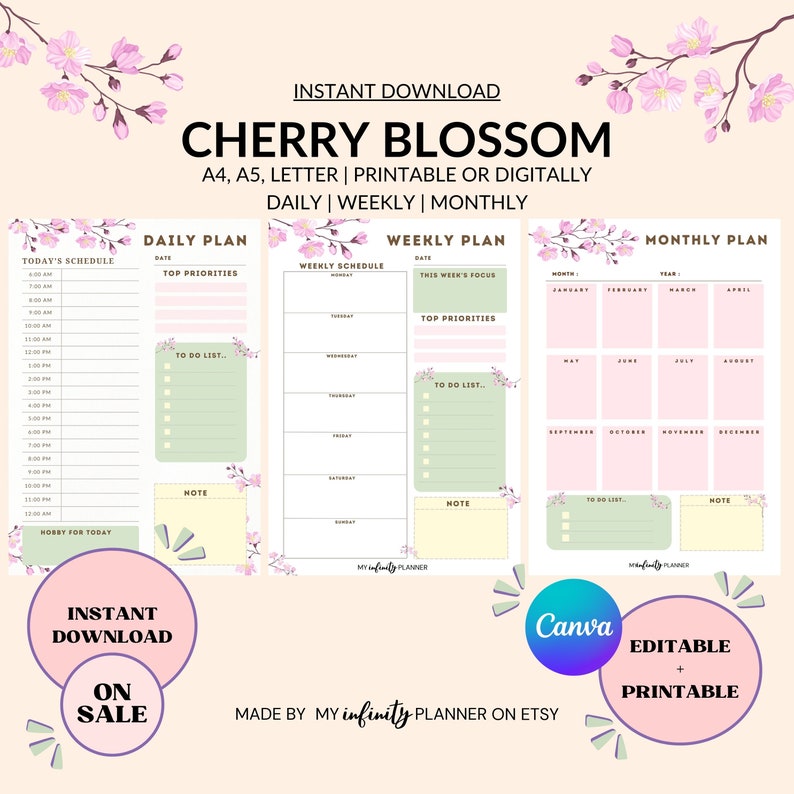 Digital Spring Cherry Blossom Planner, Daily, Weekly, Monthly Planner ...