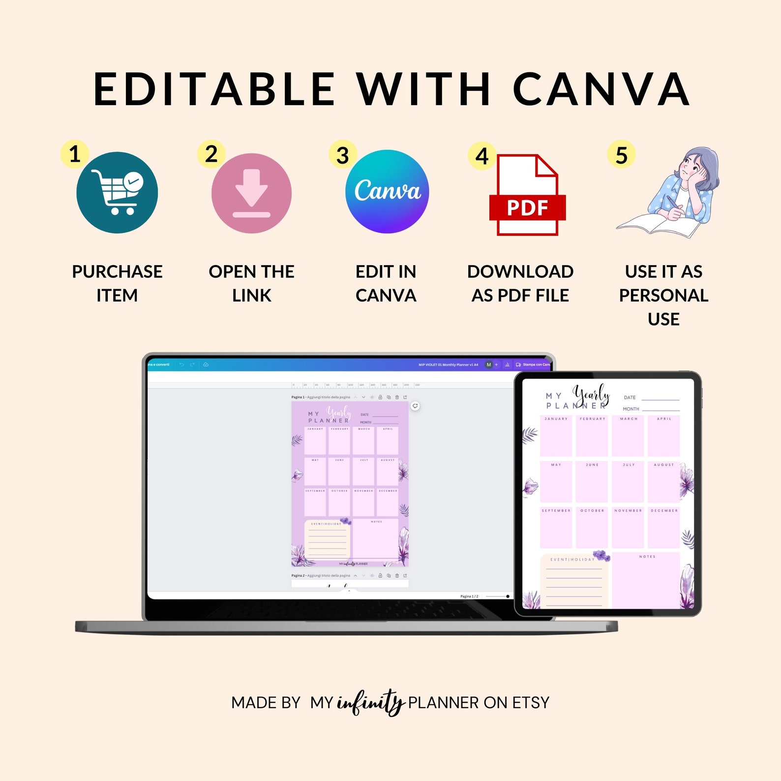 Yearly Printable Violet Planner, Undated Editable Yearly Digital ...
