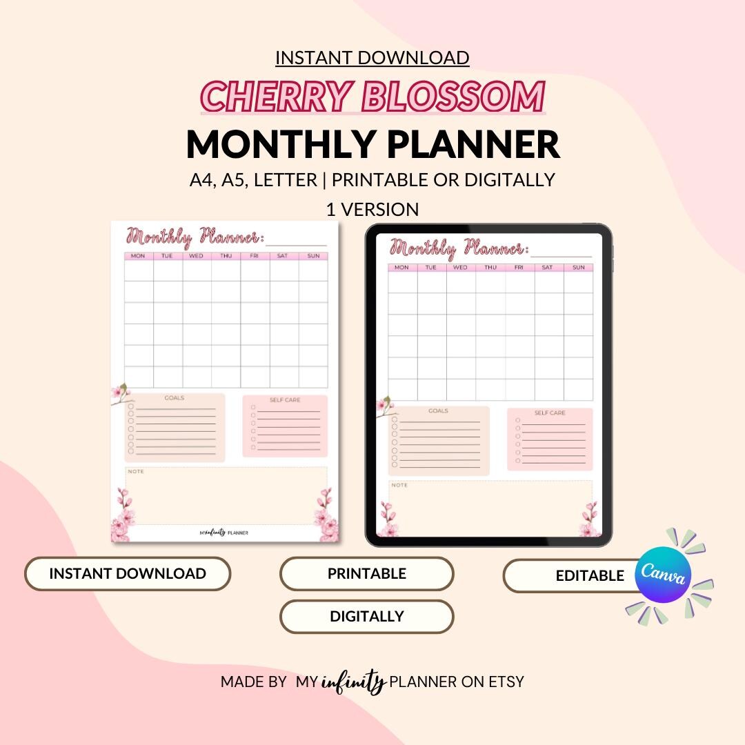 Cherry Blossom Monthly Planner, Printable Planner Sakura, Undated ...