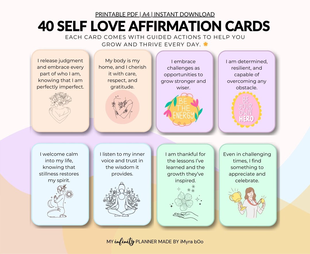 Self Love Affirmation Cards With Actions, Positive Daily Affirmations ...