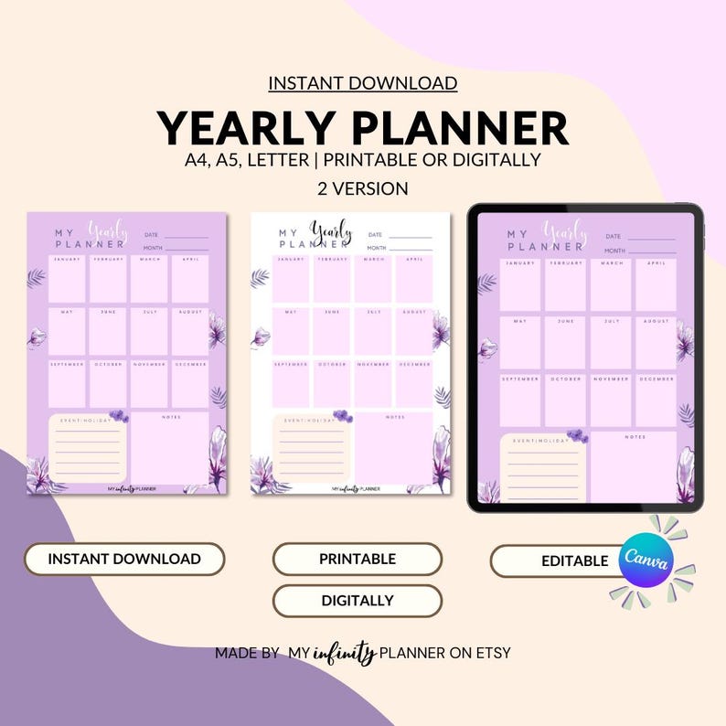 Yearly Printable Violet Planner, Undated Editable Yearly Digital ...