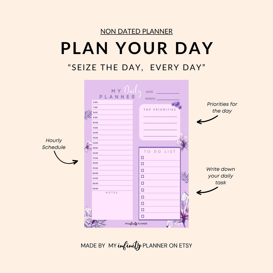Hourly Daily Printable Violet Planner, Undated Daily to Do List, Hourly ...
