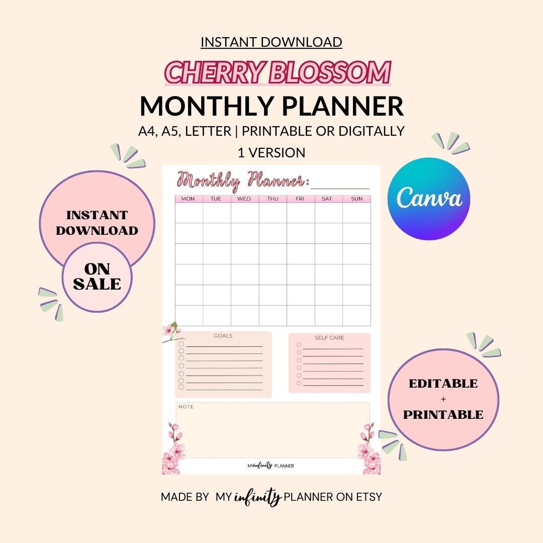 Cherry Blossom Monthly Planner, Printable Planner Sakura, Undated ...