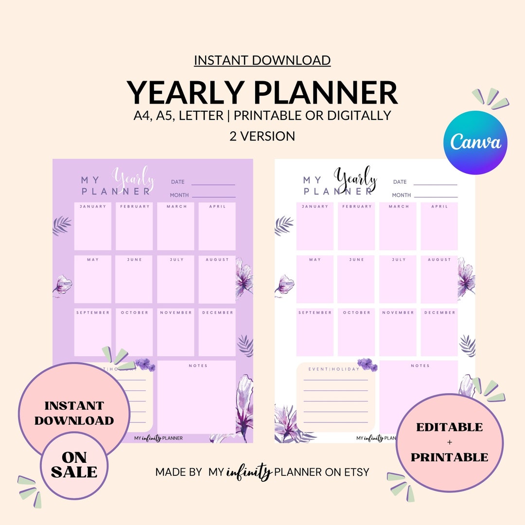 Yearly Printable Violet Planner, Undated Editable Yearly Digital ...