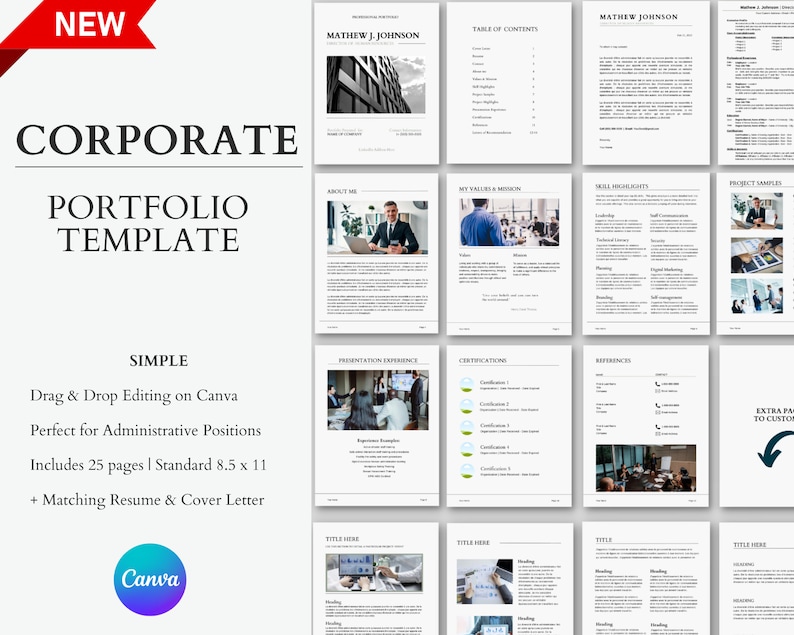 Corporate Portfolio Template Canva, Professional Resume and Cover ...