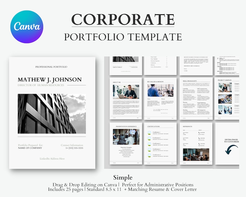Corporate Portfolio Template Canva, Professional Resume and Cover ...