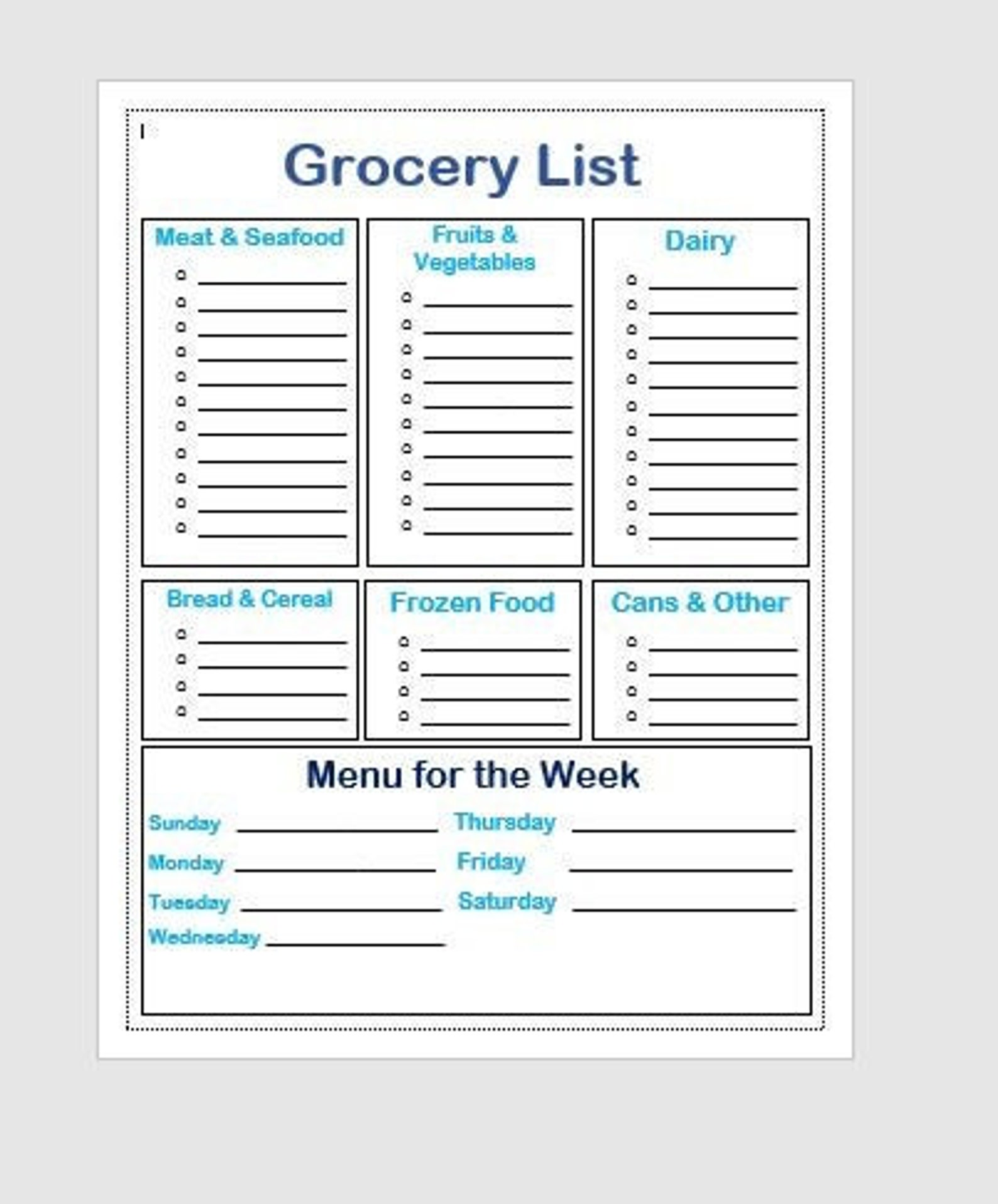 Grocery List Printable Weekly Menu Print Planner - Etsy