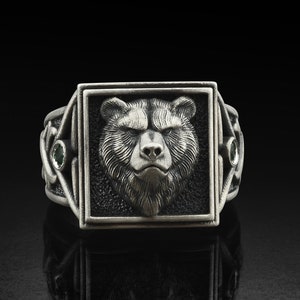 Charming Signet Wild Bear Head Ring for Men's, Personalized Gemstone ...