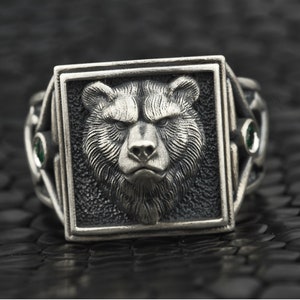 Charming Signet Wild Bear Head Ring for Men's, Personalized Gemstone ...