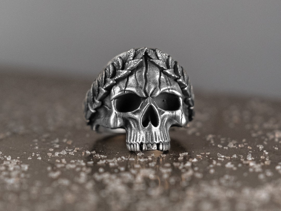 Julius Caesar Skull With Leaf Crown Unique Mens Ring, Extraordinary Gothic Ring for Men, Punk ...