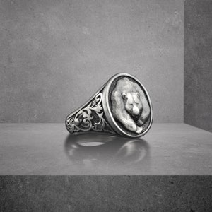 Sterling Silver Viking Bear Signet Men Ring, Engraved Nature Ring for ...