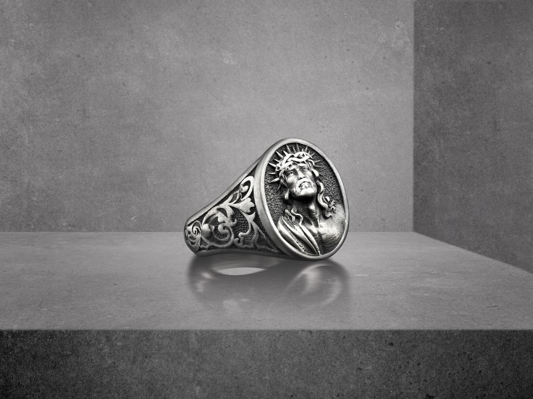 Jesus Crucifix Oval Signet Ring Men, Unique Confirmation Mens Ring in ...