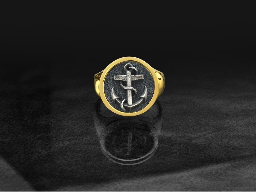 Sterling Silver Mariner Anchor Signet Ring for Men's, Personalized ...