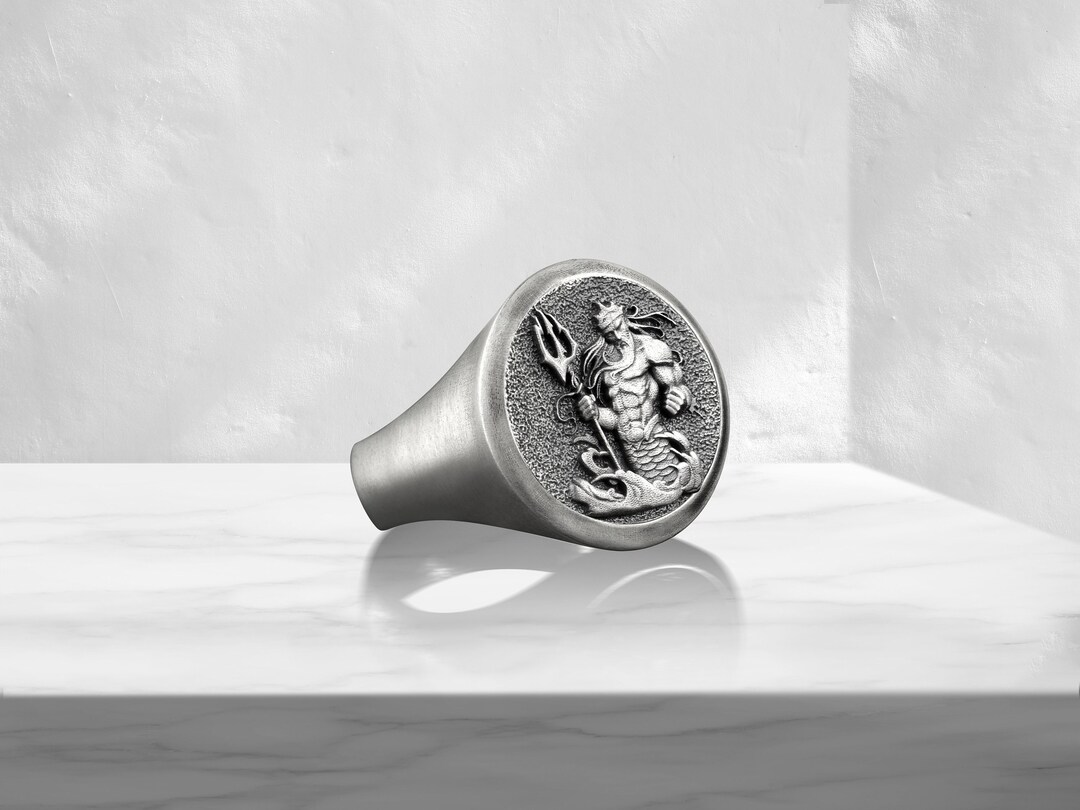 Oval Shape Poseidon With Trident Signet Ring, God of the Sea Ancient ...