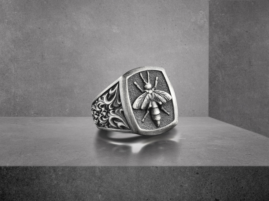 Pure Mother Bee Melissa Silver Signet Men Ring, Aristaeus Bee Silver ...
