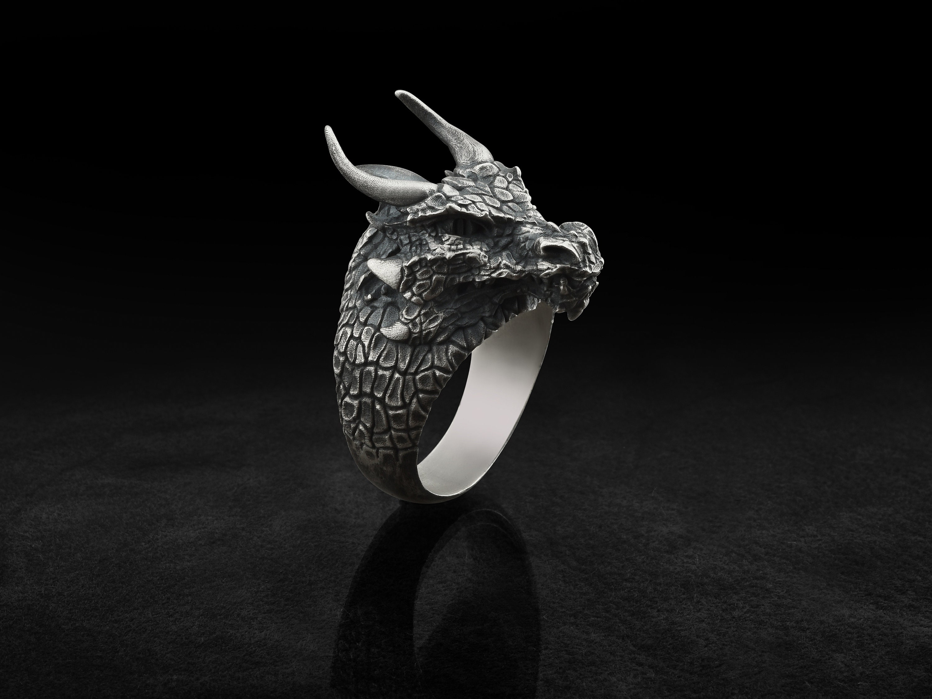 Handmade Dragon Head Men's Ring in Oxidized Silver 3D - Etsy