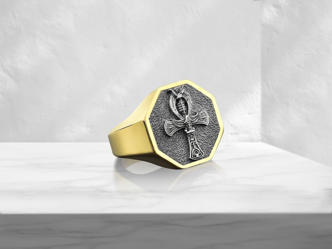 Silver Ancient Egyptian Ankh Signet Ring for Men, Engraved Egyptian ...