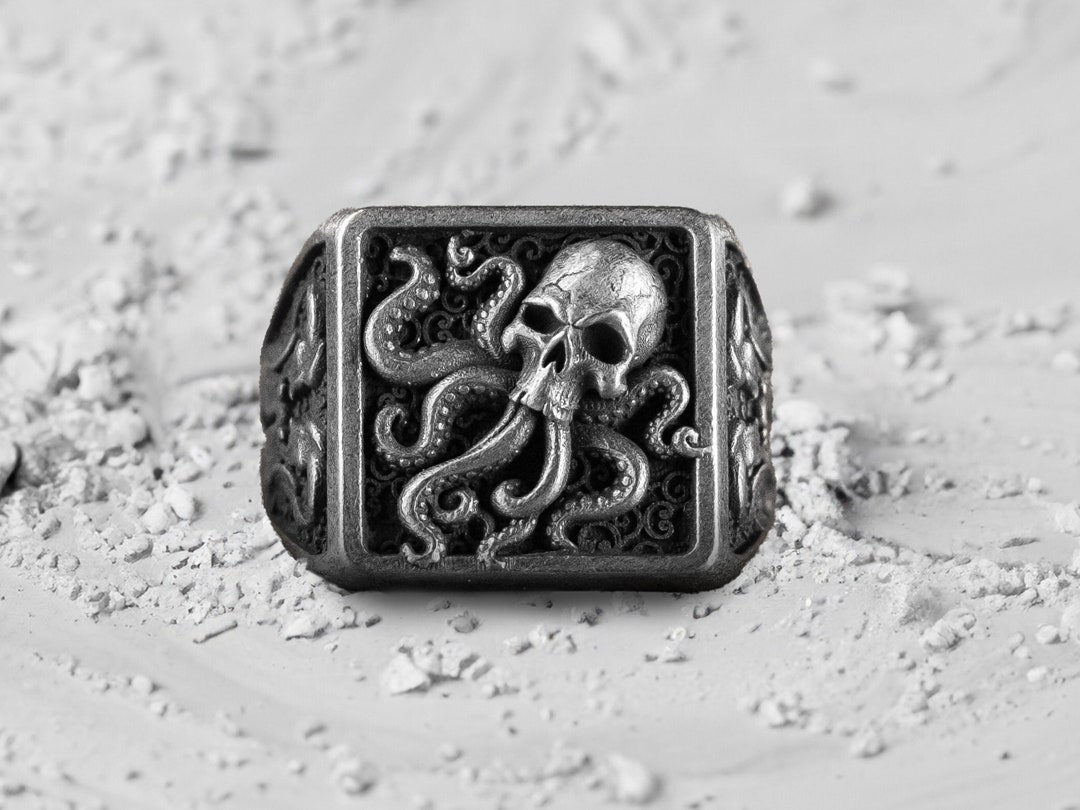Kraken Men's Signet Ring, Oxidized Sterling Silver Octopus Skull With ...