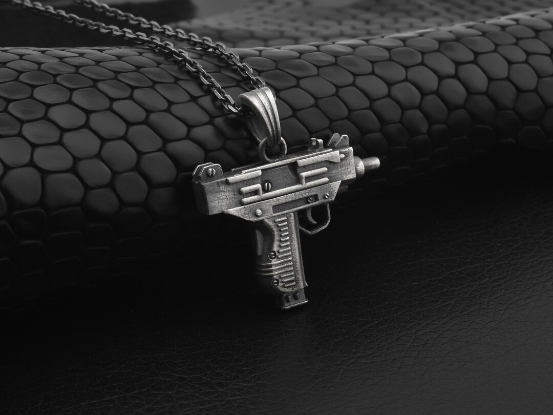 925 Sterling Silver Mini Uzi Handmade 3D Men's Necklace, Silver ...