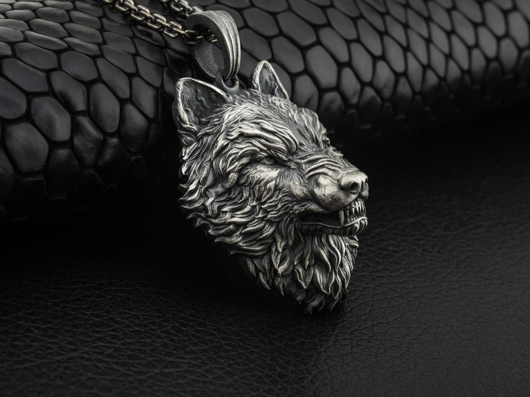 Charming Angry Alpha Wolf Head Men's Necklace, Personalized Sterling ...