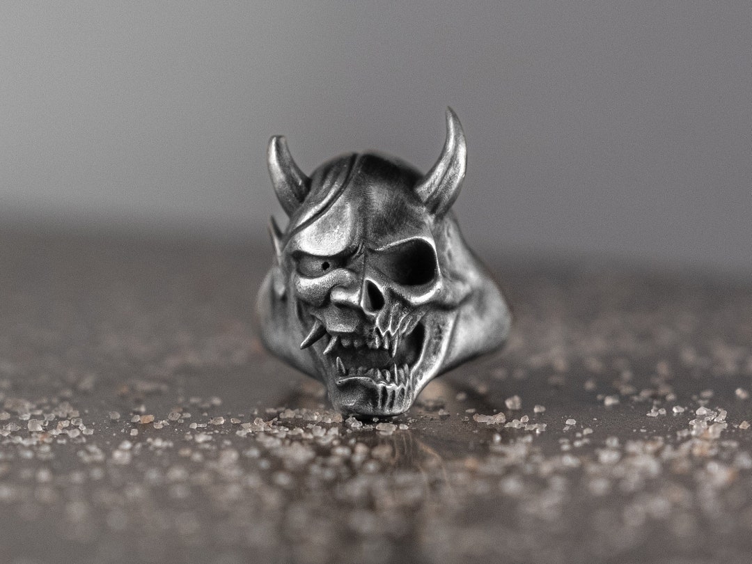 Demon Mens Ring in Oxidized Silver, Devil Turning to the Skull Male ...