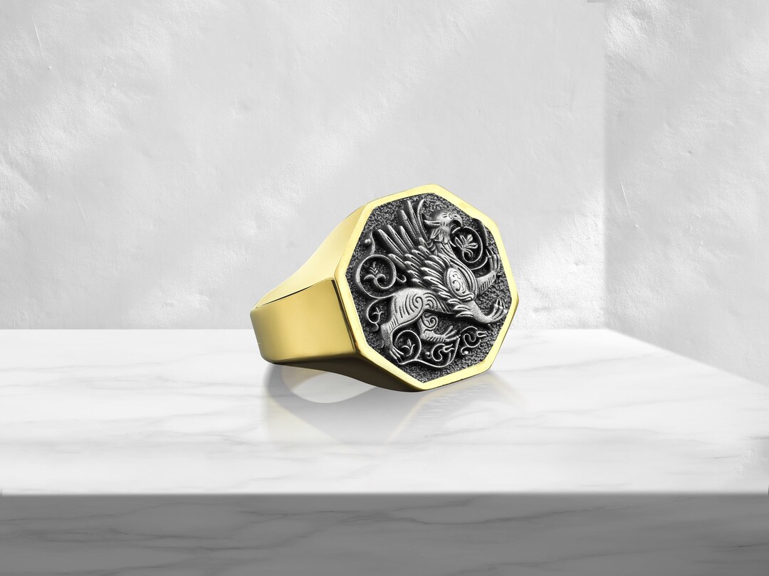 Griffin Silver Unique Signet Men Ring, Gryphon Engraved Mythology Ring ...