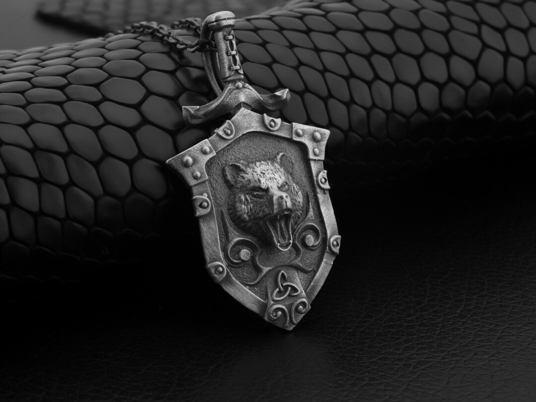 Personalized Nordic Bear Sterling Silver Shield Necklace for Men, 925 ...