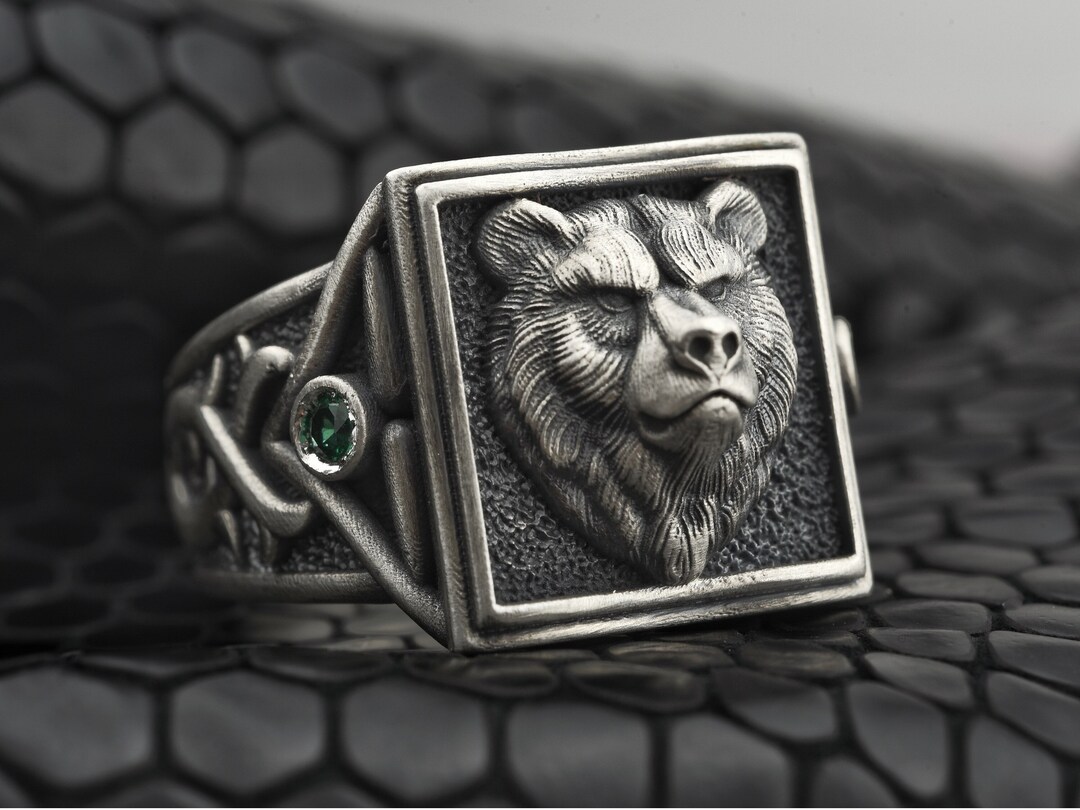 Charming Signet Wild Bear Head Ring for Men's, Personalized Gemstone Bear Gift for Nature Lover ...
