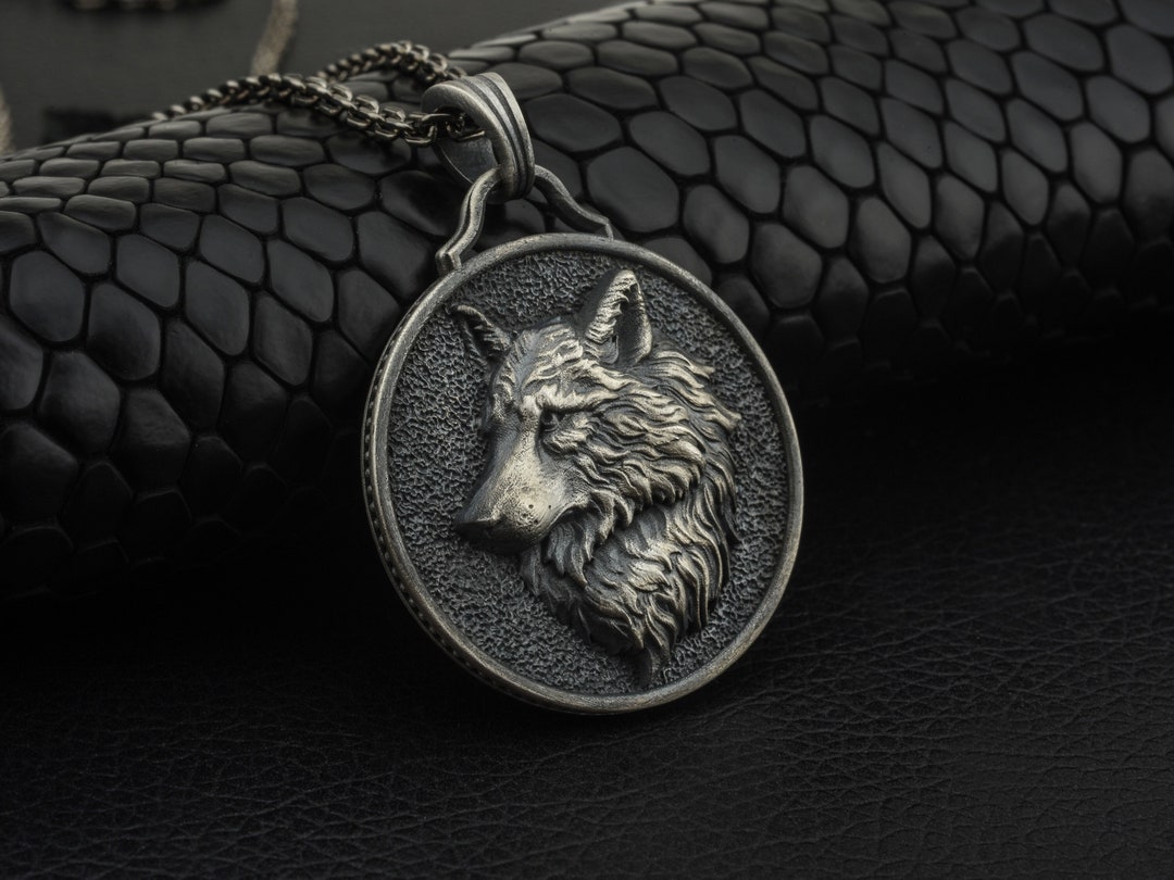 Personalized Sterling Silver Wolf Head Men's Necklace in Oxidized ...