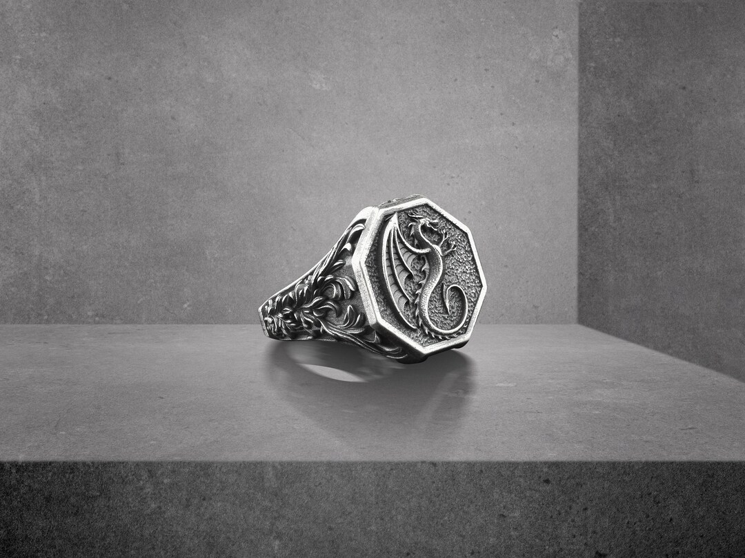 Winged Dragon Engraved Signet Ring, Minimalist Mens Mythology Ring in ...