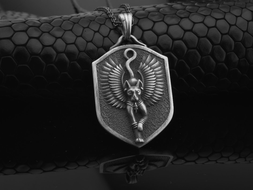 Ancient Egyptian Goddess Bastet Men's Necklace in Oxidized Silver ...