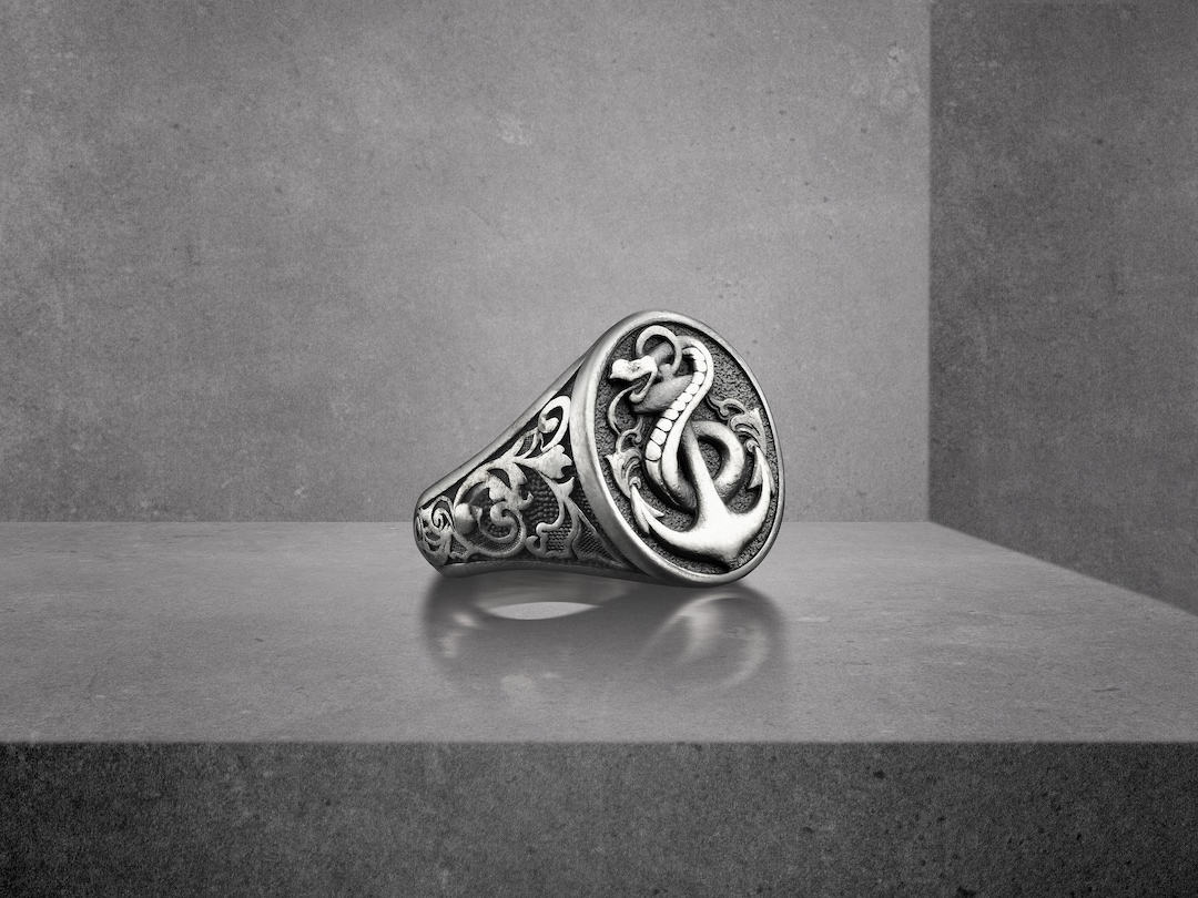 Snake and Anchor Mens Signet Ring, Serpent Nautical Ring for Dad in ...
