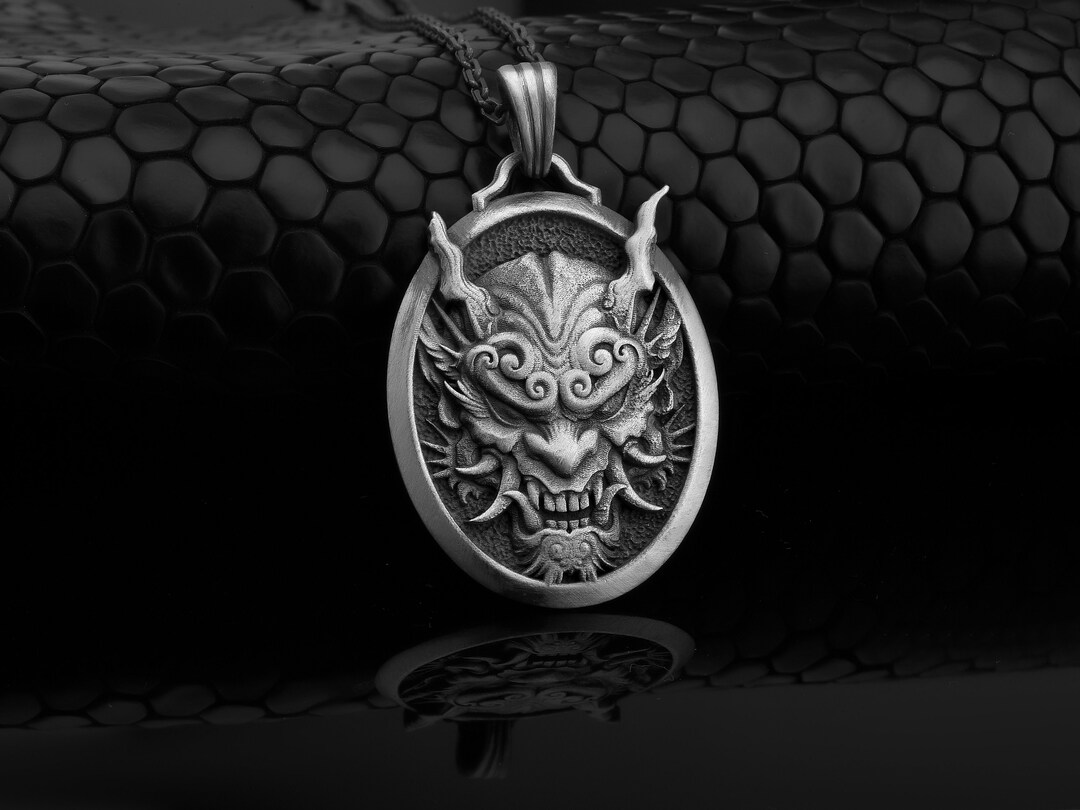 Japanese Mythological Oni Mask Necklace for Men's, Engraved Charming ...