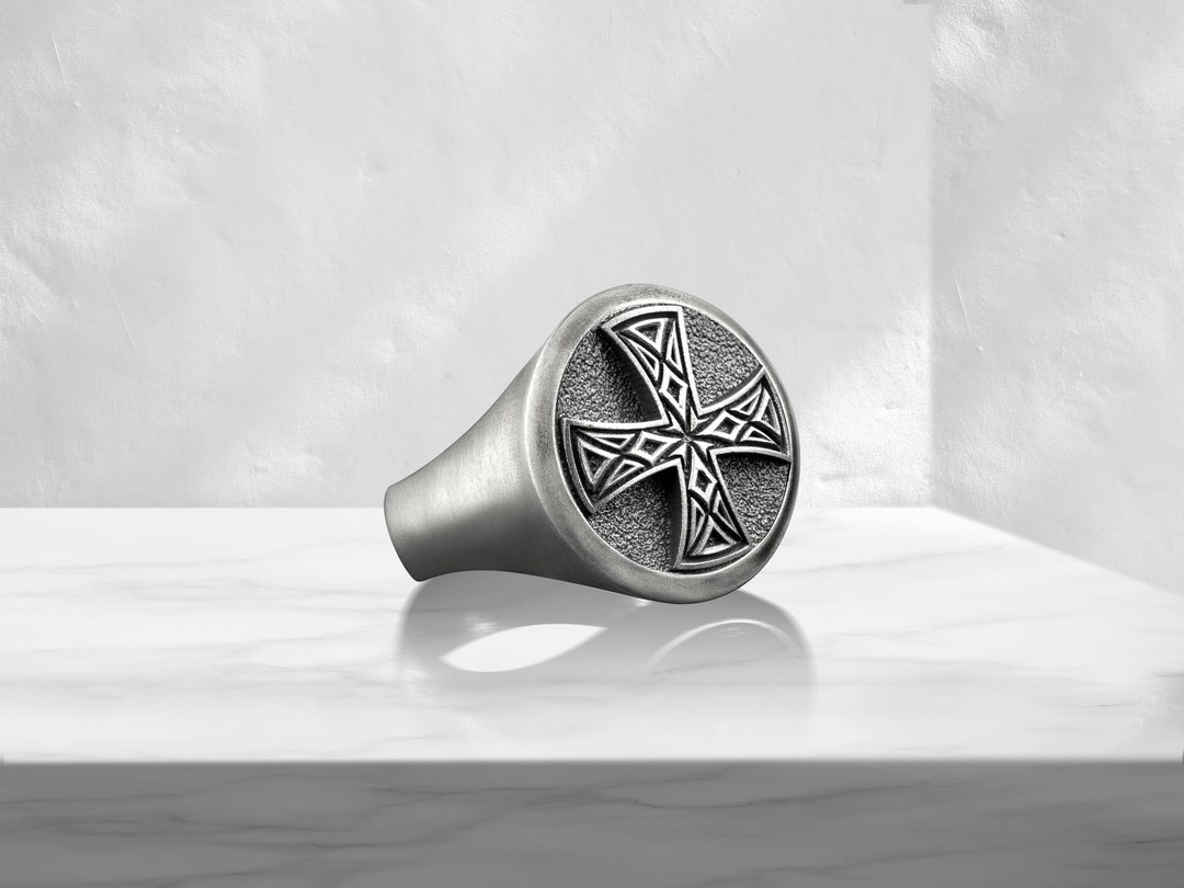 Nordic Symbol Engraved Celtic Cross Signet Ring, Minimalist Celtic ...