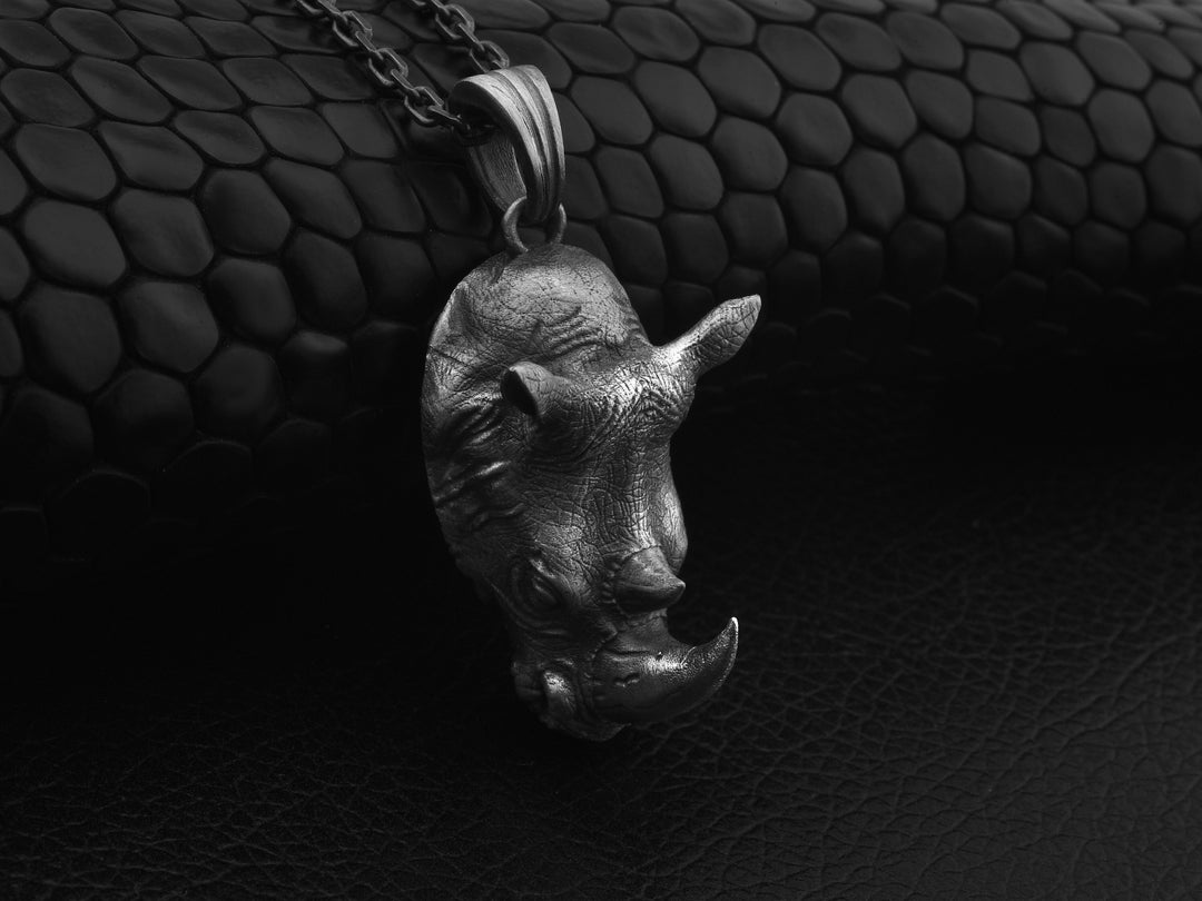 3D Rhino Head Necklace for Men, Sterling Silver Rhino Head Pendant With Chain for Animal Lover ...