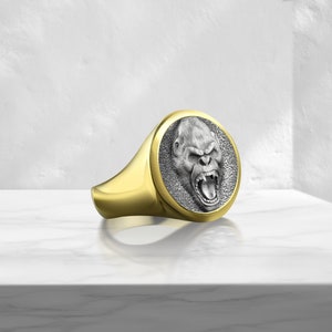 Gorilla Round Signet Ring in Sterling Silver, Ape Pinky Ring, Animal ...