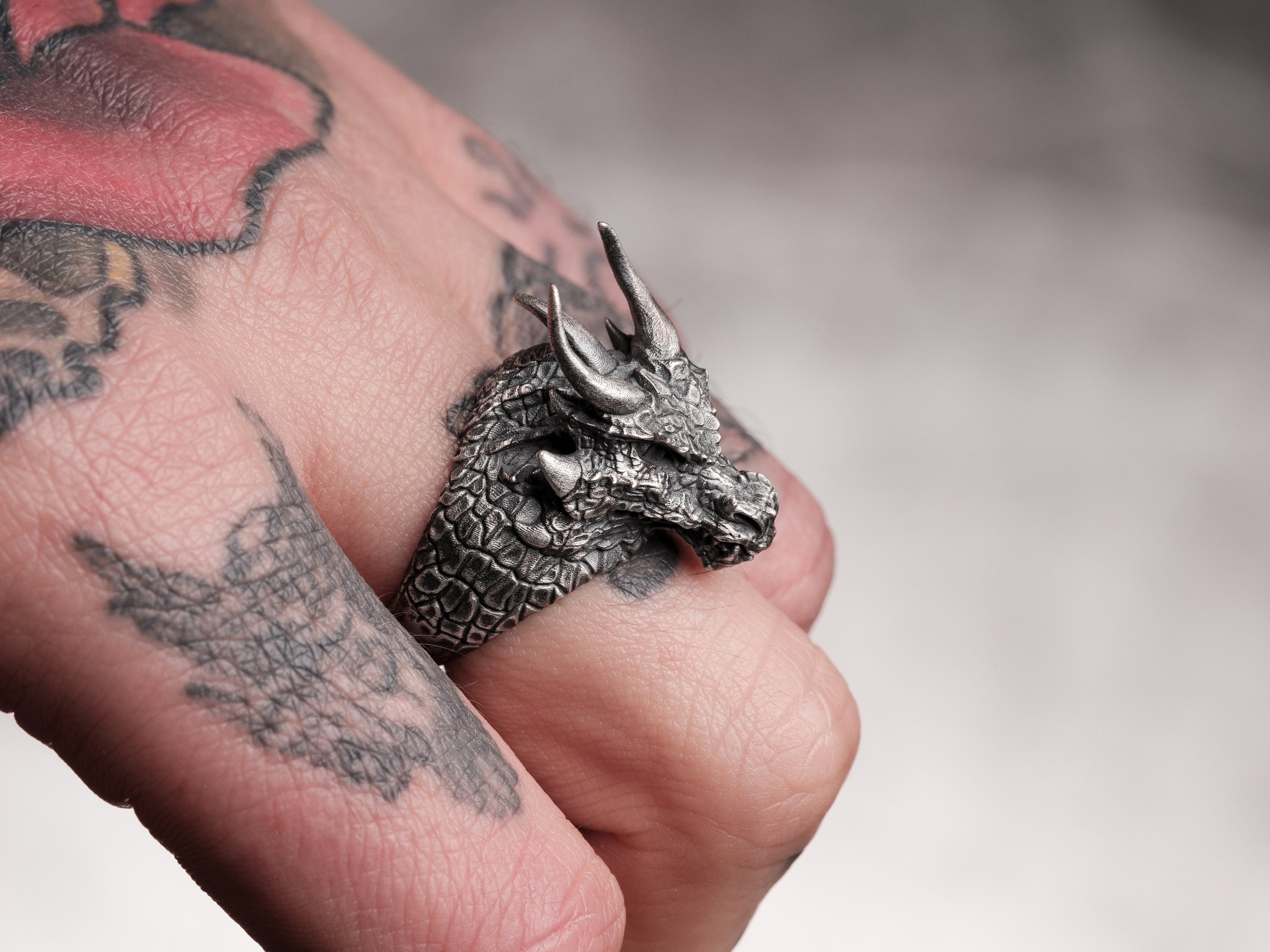 Handmade Dragon Head Men's Ring in Oxidized Silver 3D - Etsy