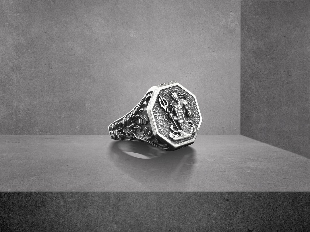 Poseidon Greek God Mens Signet Ring, Greek Mythology Engraved Ring for ...